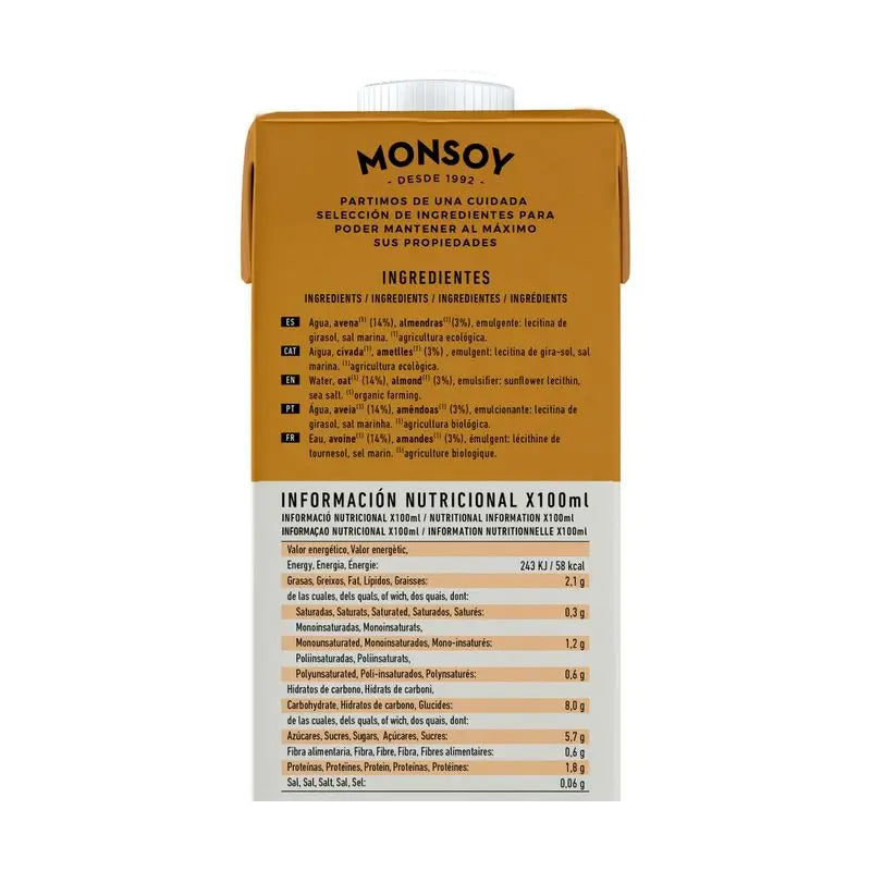 Comprar Monsoy Bebida Vegetal de Amêndoa com Aveia 1Lt 6Uds.Bio ao ...